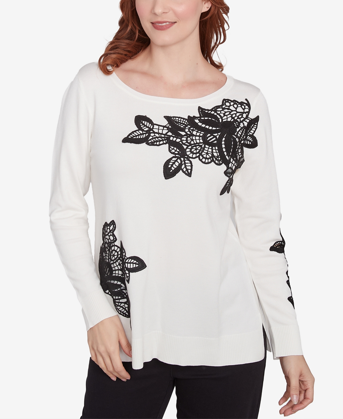 Click here for Ruby Rd. Petite Floral Lace Fine Gauge Crew Neck S... prices