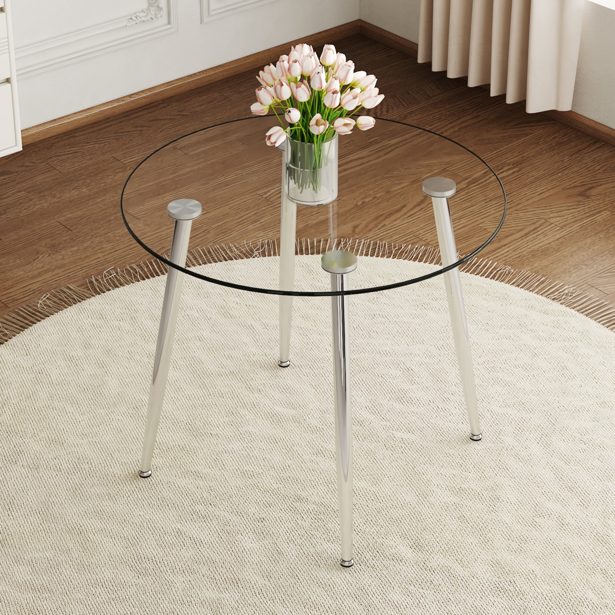 Click here for Round dining table with glass top  silver metal le... prices