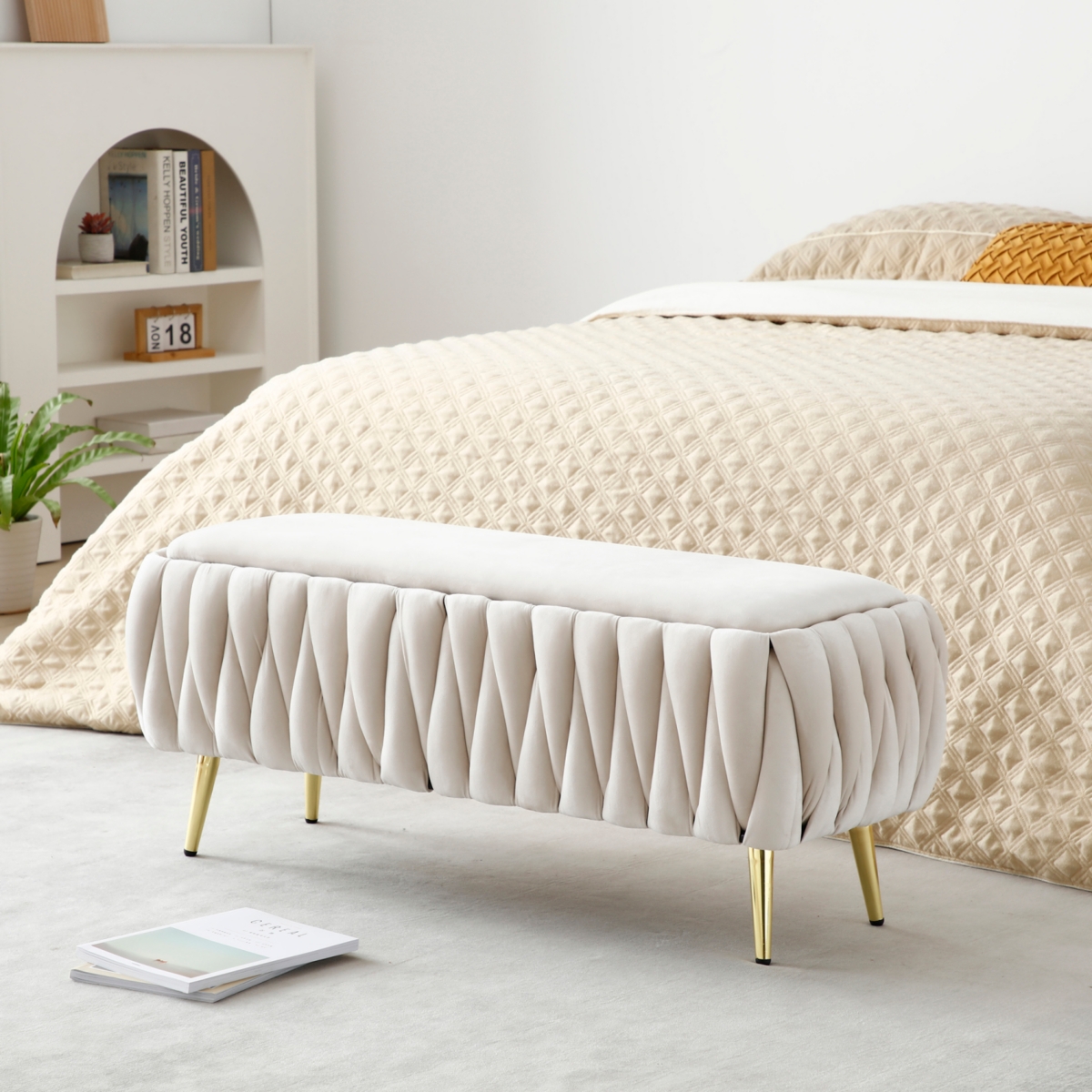 Click here for Streamdale Gold-legged Velvet Storage Bench - Beig... prices