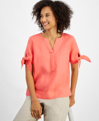Charter Club Women's 100% Linen Split-Neck Tie-Cuff Top, Created for Macy's - Macy's