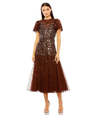 Mac Duggal Women's Flutter Sleeve Sheer Top Beaded Dress - Macy's
