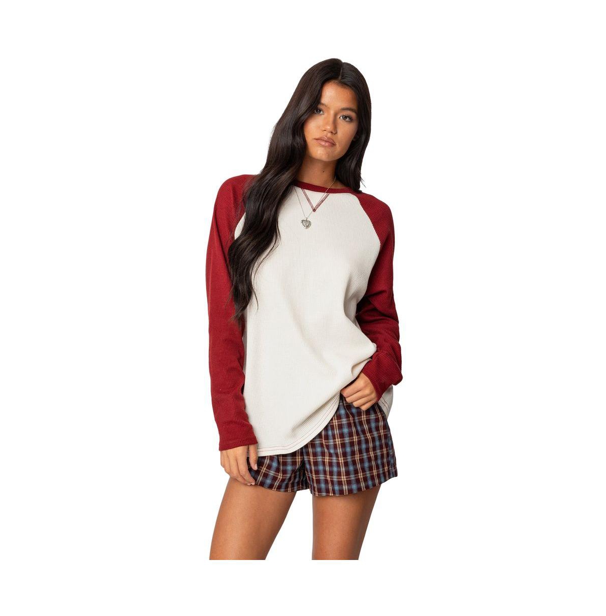 Click here for Edikted Womens Me Time oversized waffle top - Burg... prices