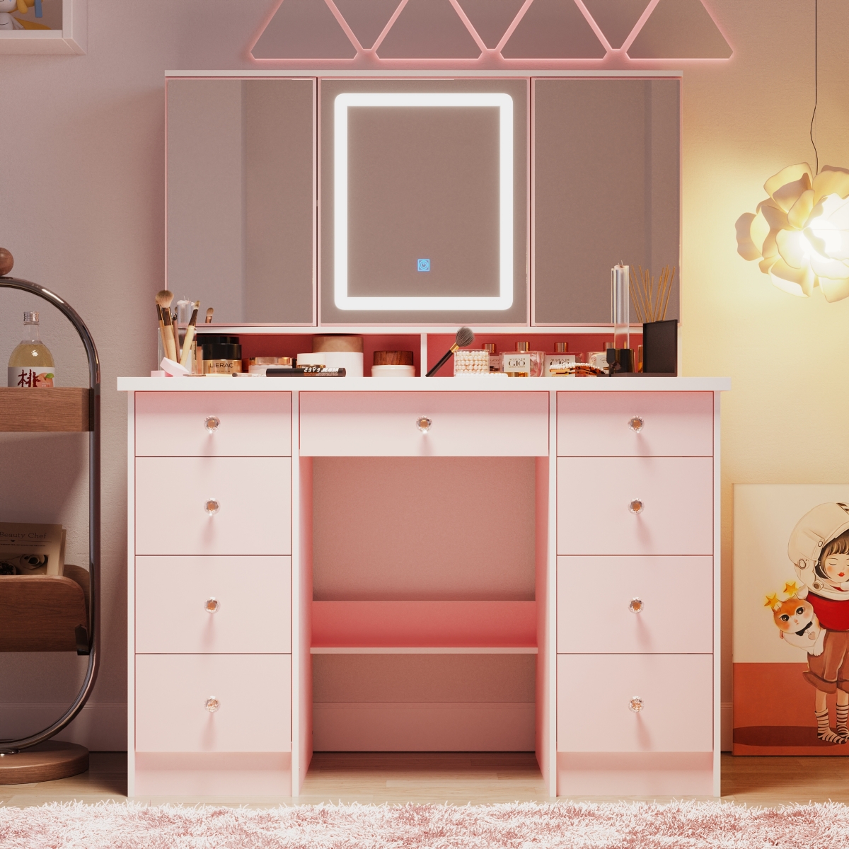 Click here for Famapy Pink Modern Makeup Vanity Desk 9-Drawers Wo... prices