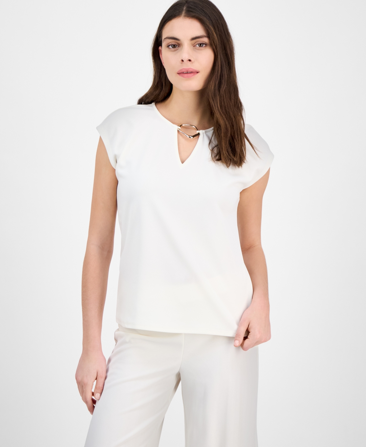 Click here for Anne Klein Womens Embellished Keyhole Top - White... prices