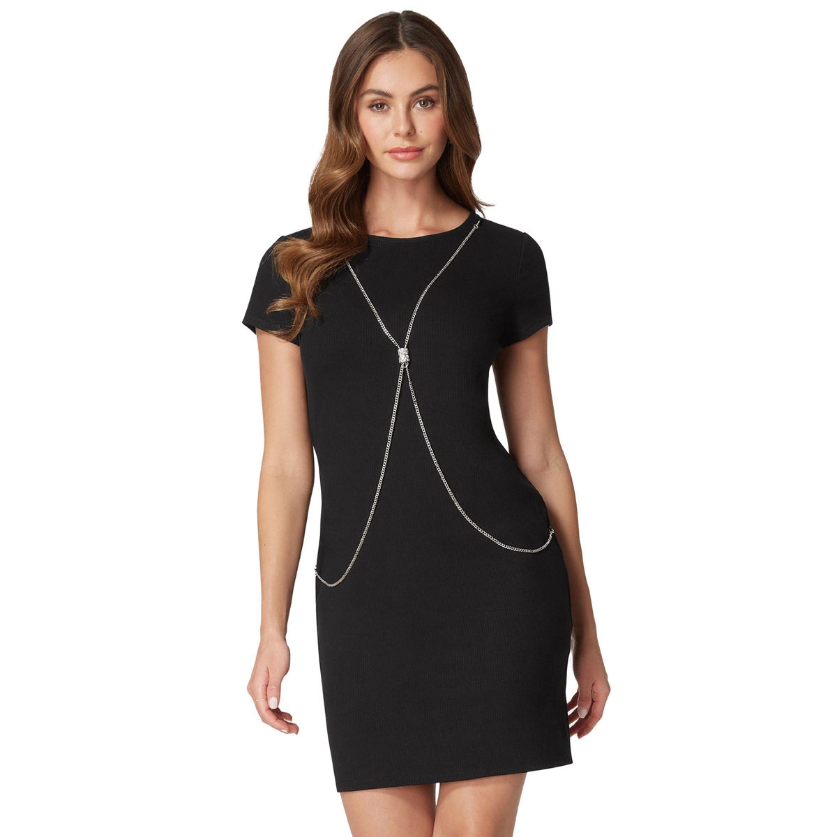 Click here for Bebe Womens T-shirt Rib Body Chain Dress - Black prices