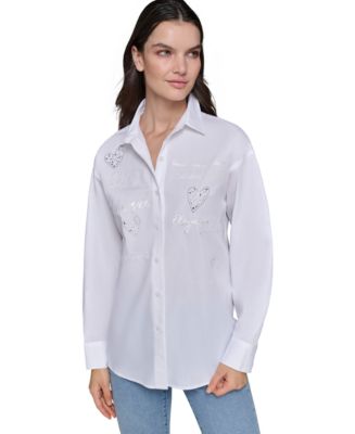 KARL LAGERFELD PARIS Women's Poplin Embellished Button-Down Top - Macy's