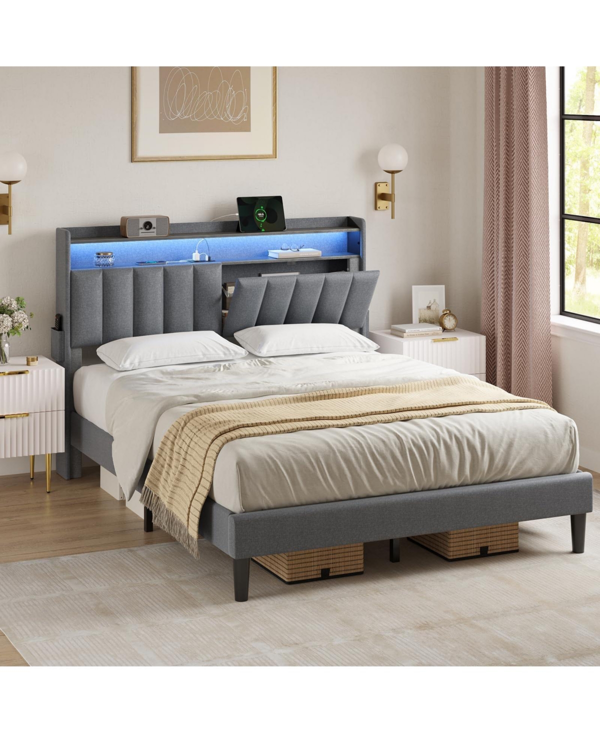 Click here for Hausource King Size Bed Frame with Led Storage Hea... prices