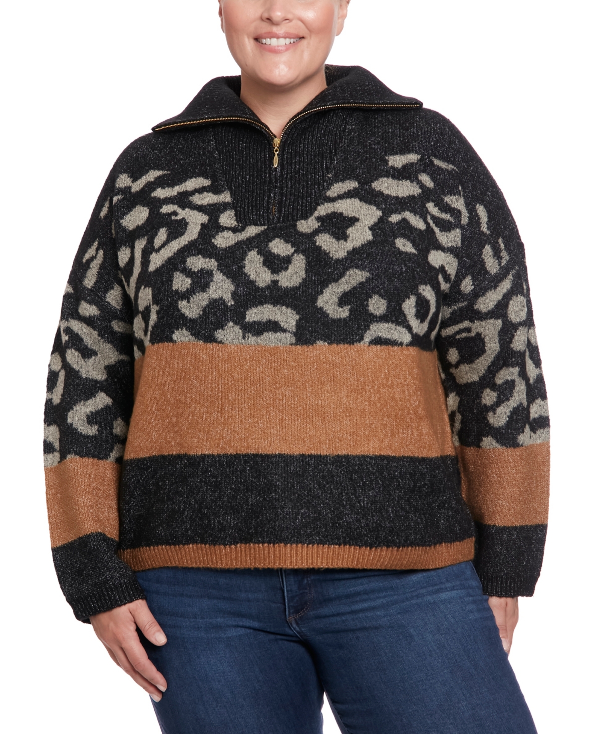 Click here for Joseph A Plus Size Leopard Colorblock Quarter Zip... prices