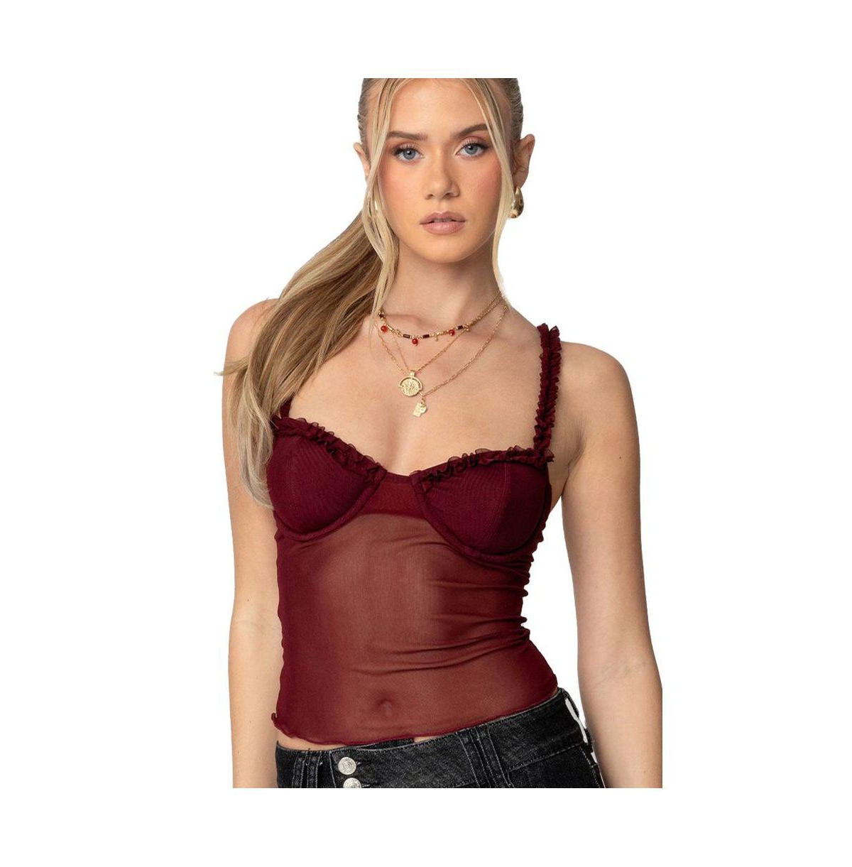 Click here for Edikted Womens Mercy Sheer Mesh Bra Top - Burgundy prices