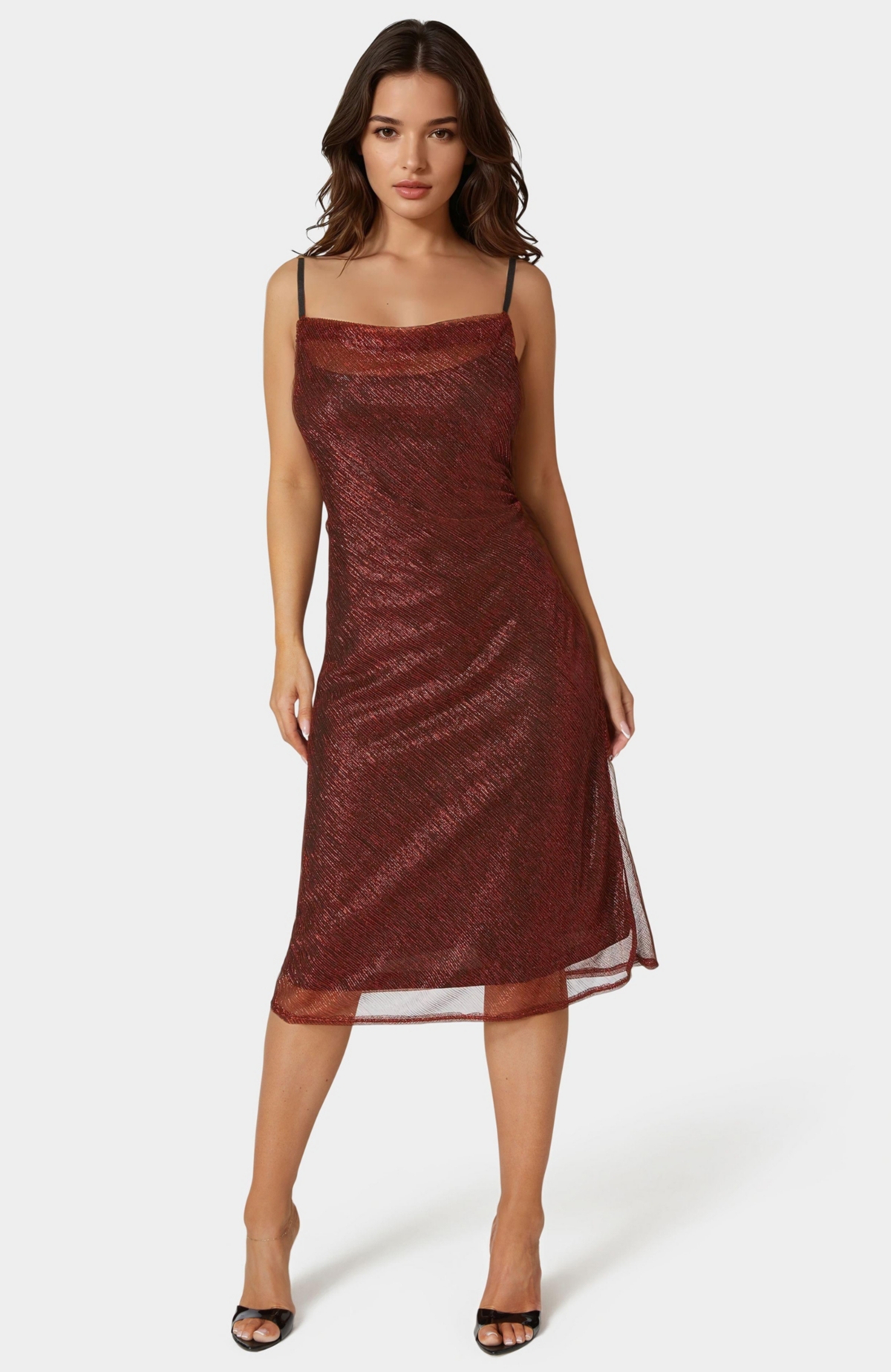 Click here for Bebe Womens Pleat Cowl Midi Dress - Red prices