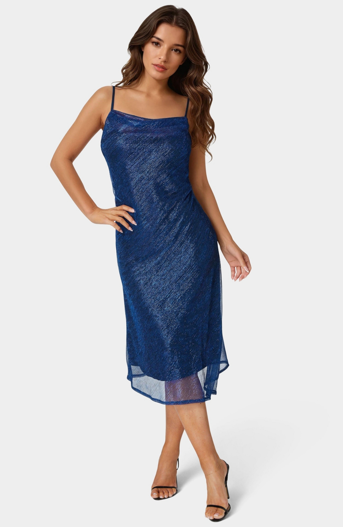 Click here for Bebe Womens Pleat Cowl Midi Dress - Royal prices