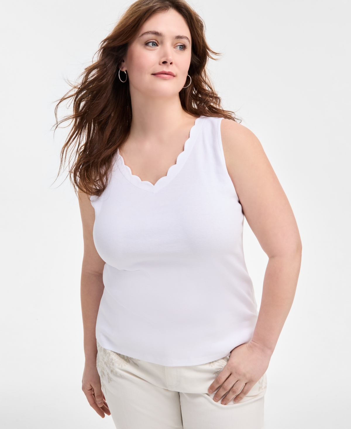 Click here for Style & Co Plus Size Solid-Color Scalloped V-Neck... prices