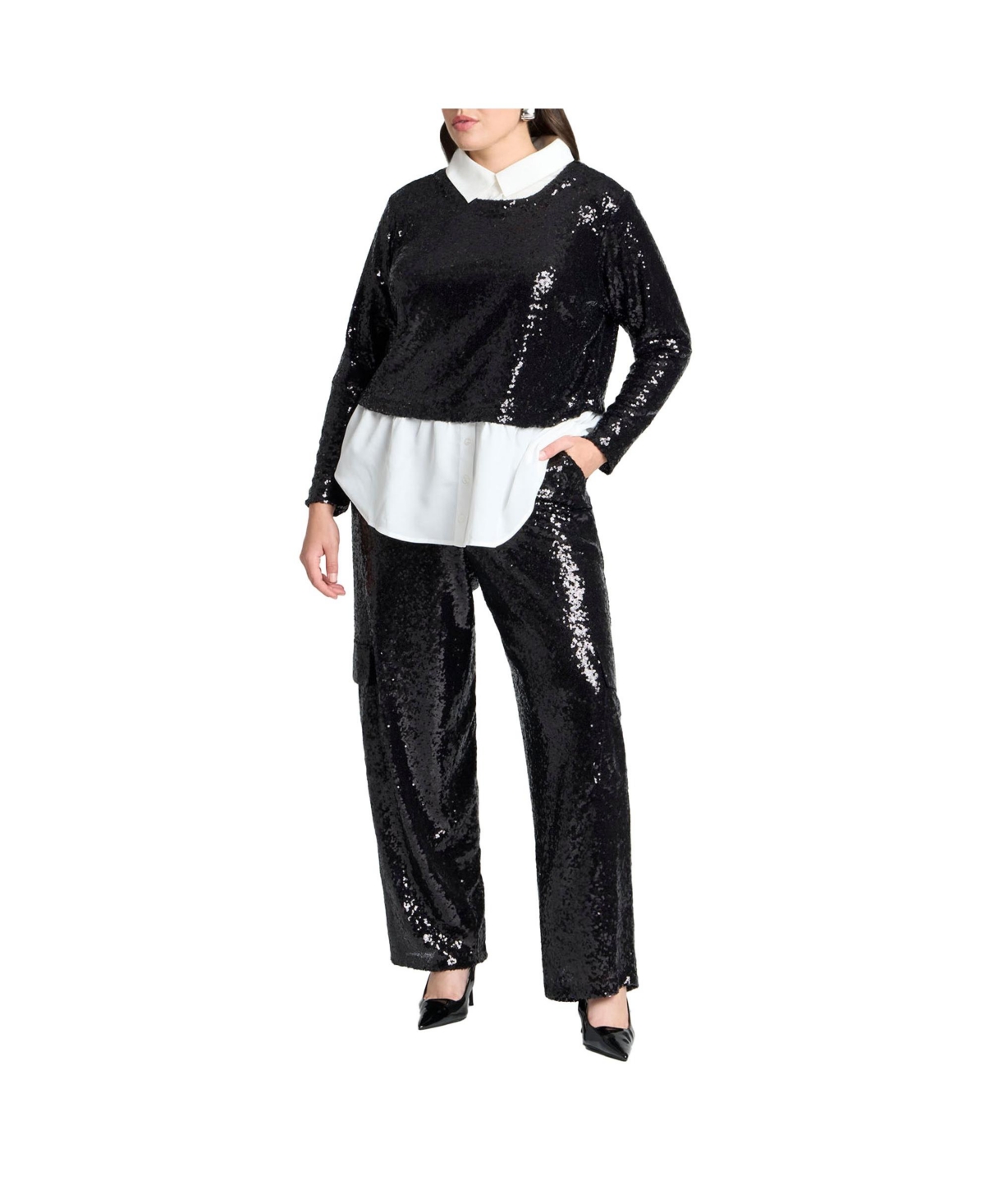 Click here for Eloquii Womens Plus Size Sequin Cargo Pant - Black... prices
