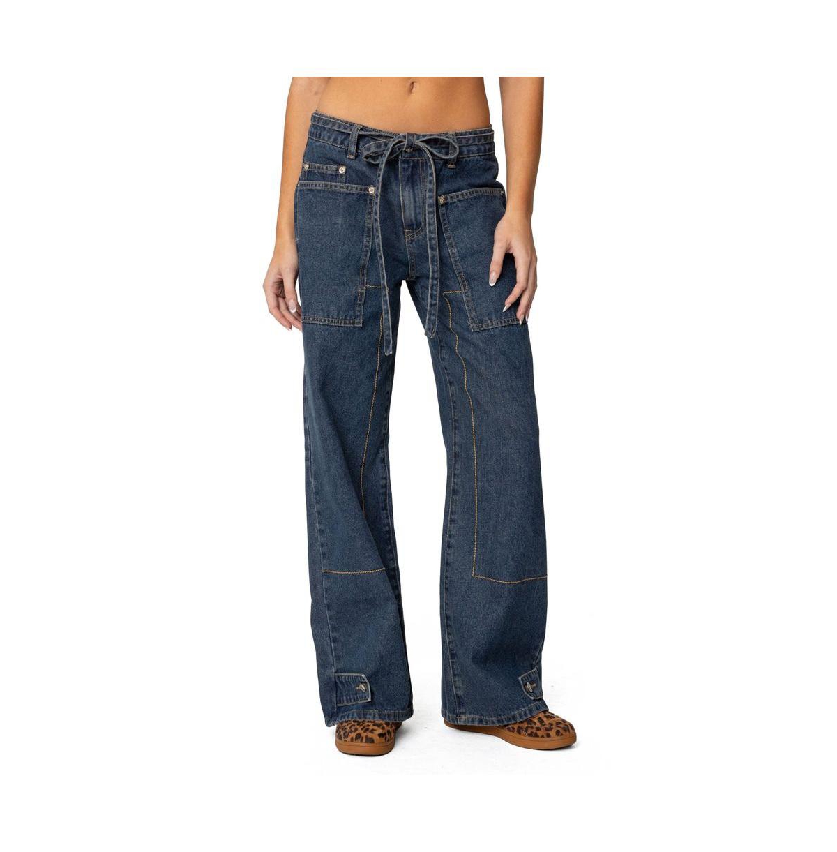 Click here for Edikted Womens Funky Stitch Low Rise Jeans - Dark-... prices