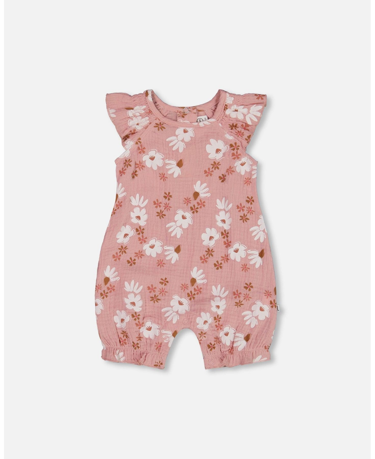 Deux par Deux Baby Girls Printed Muslin Romper Pink And White Flowers - Pink and white flowers