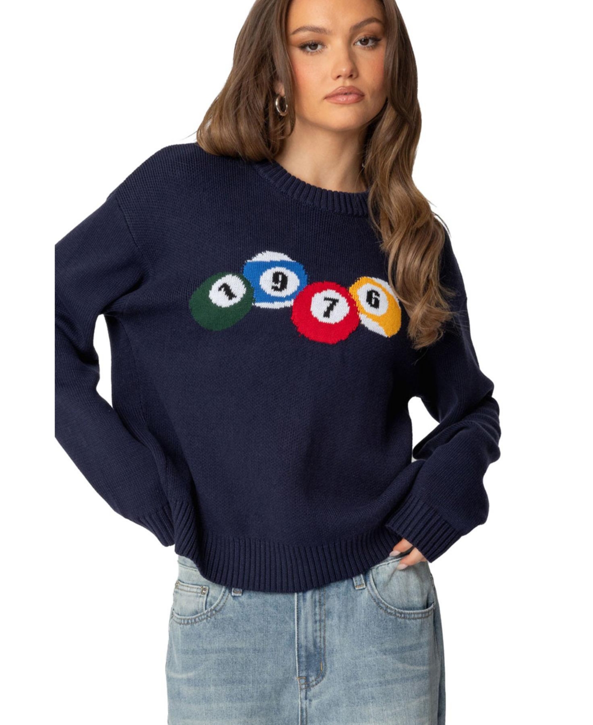Click here for Edikted Womens 1976 Billiards Sweater - Navy prices