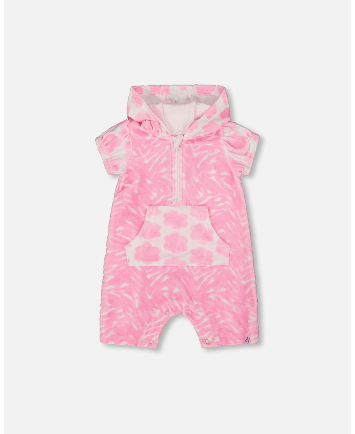 Deux par Deux Baby Girls Printed Terry Romper With Hood Vibrant Pink And White - Vibrant pink and white
