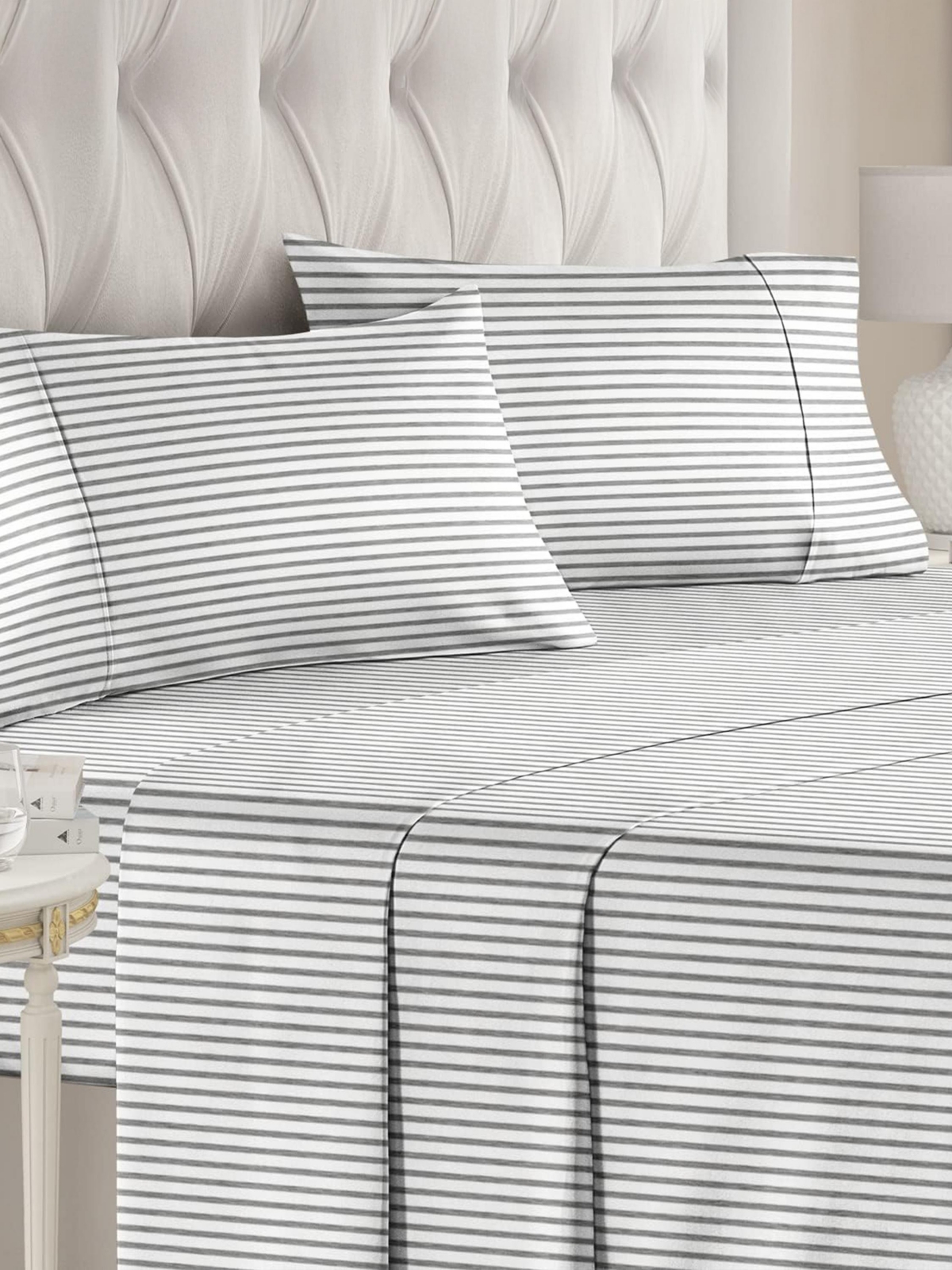 Click here for 4 Piece Microfiber Sheet Set - King - Grey stripes... prices