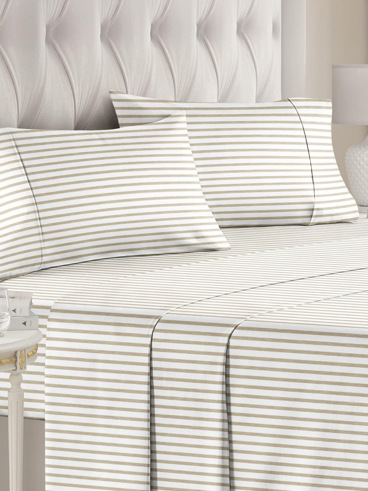 Click here for 4 Piece Microfiber Sheet Set - King - Beige stripe... prices