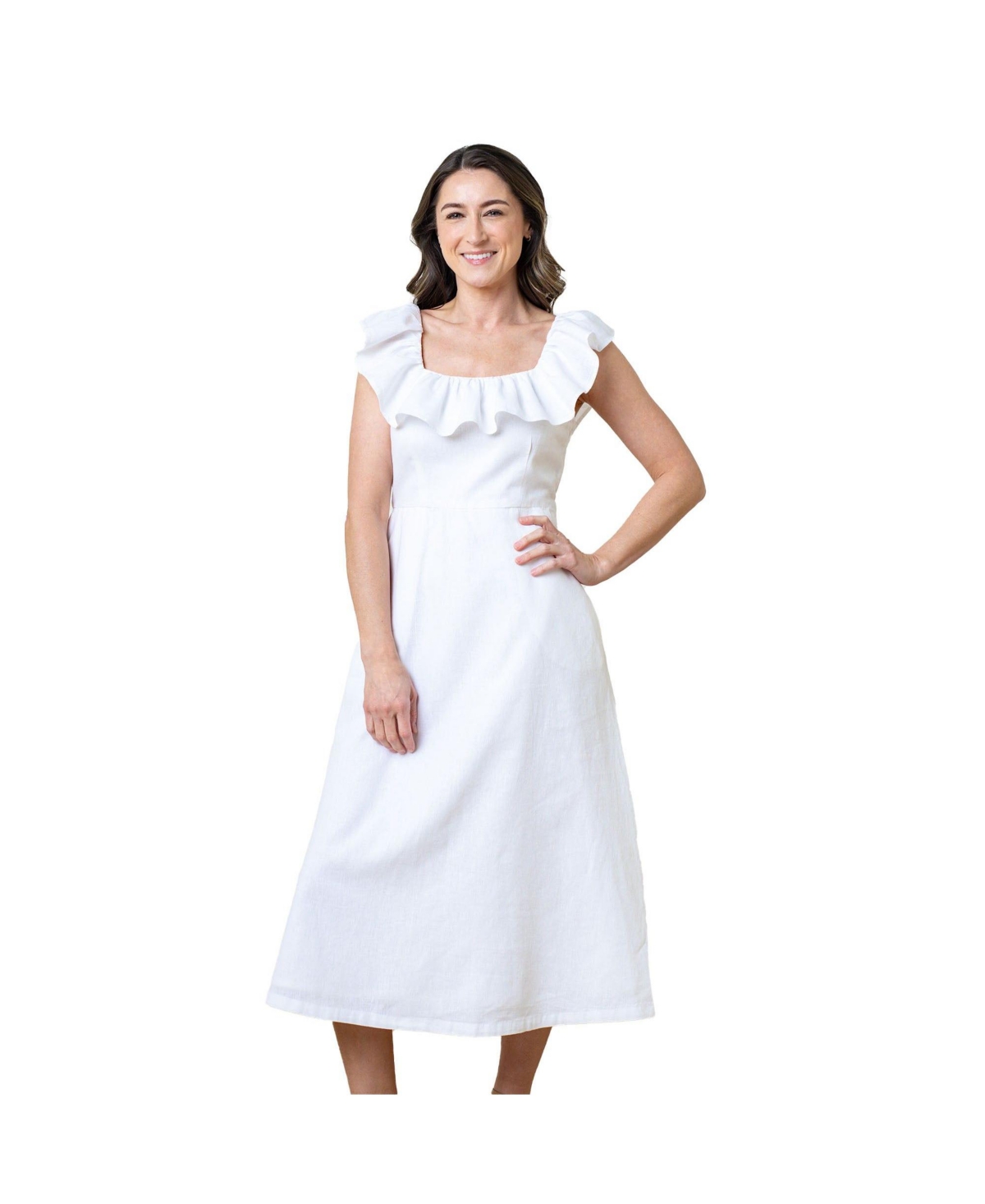 Click here for Hope & Henry Womens Linen Ruffle Collar Midi Dress... prices
