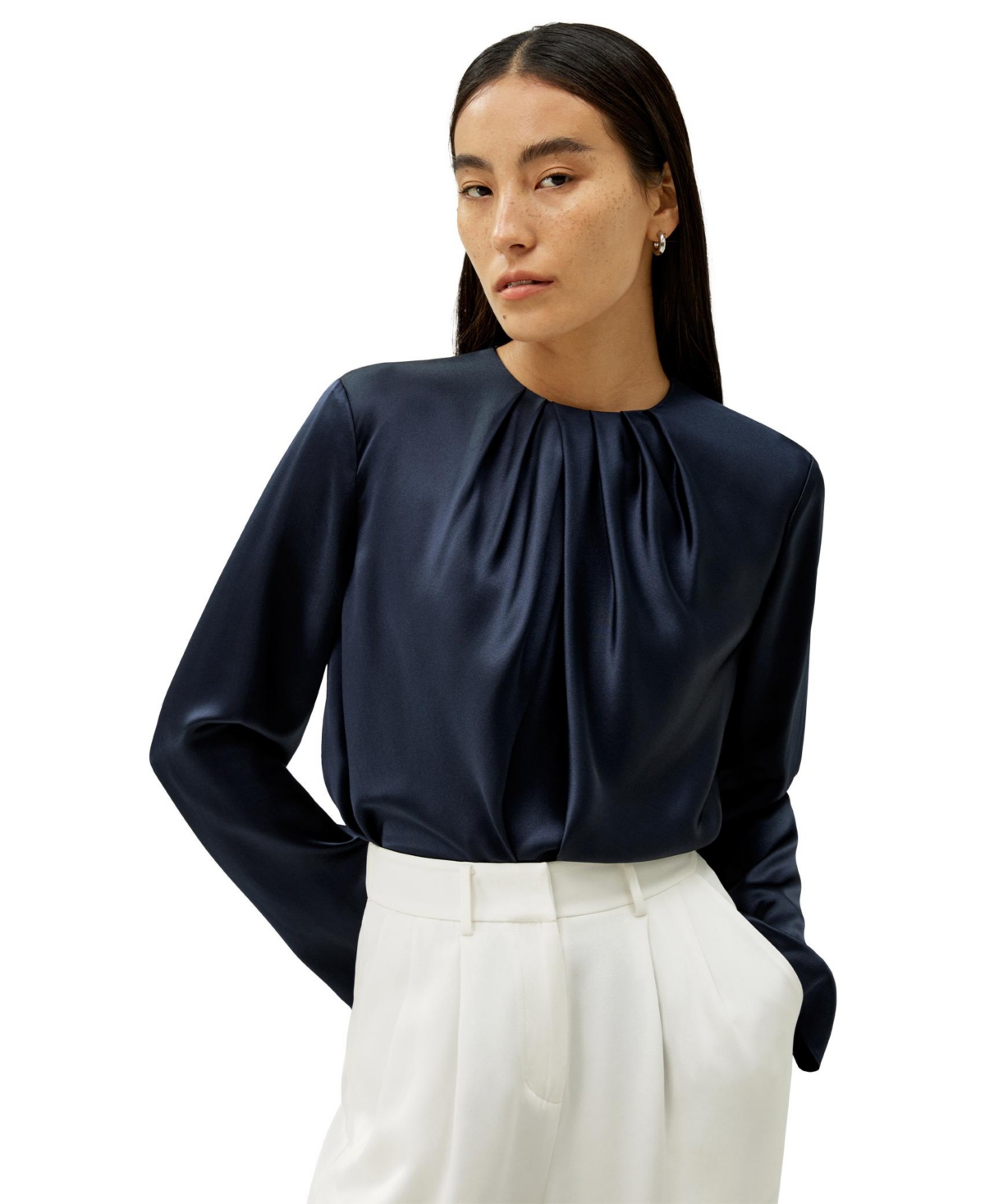 Click here for Silk Ruched-Neck Top for Women - Navy blue prices