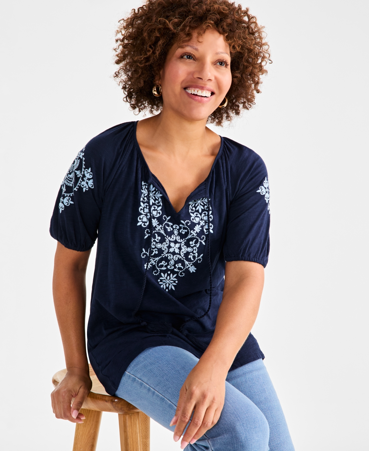 Click here for Style & Co Womens Embroidered Split-Neck Tasseled-... prices