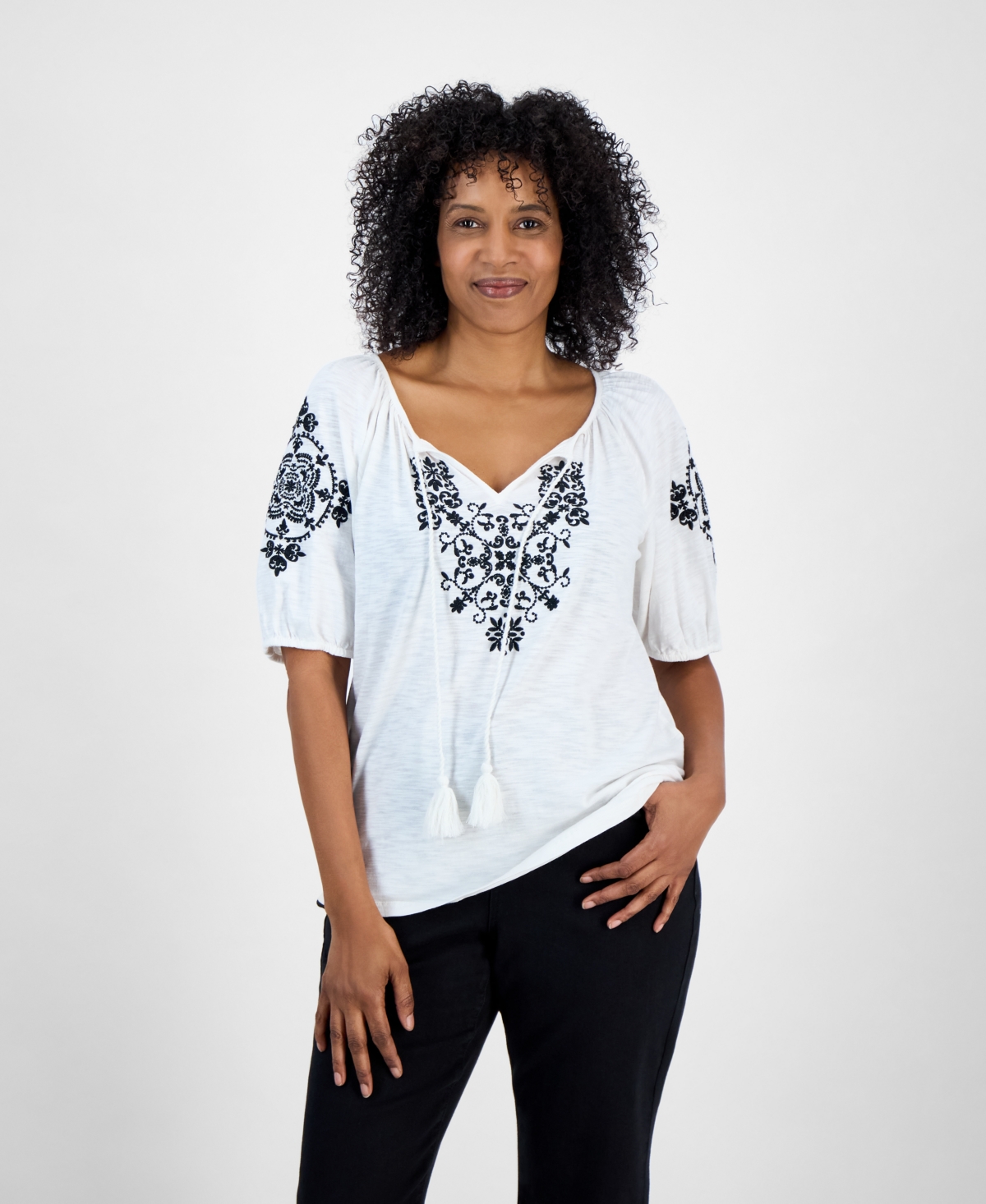 Click here for Style & Co Womens Embroidered Split-Neck Tasseled-... prices