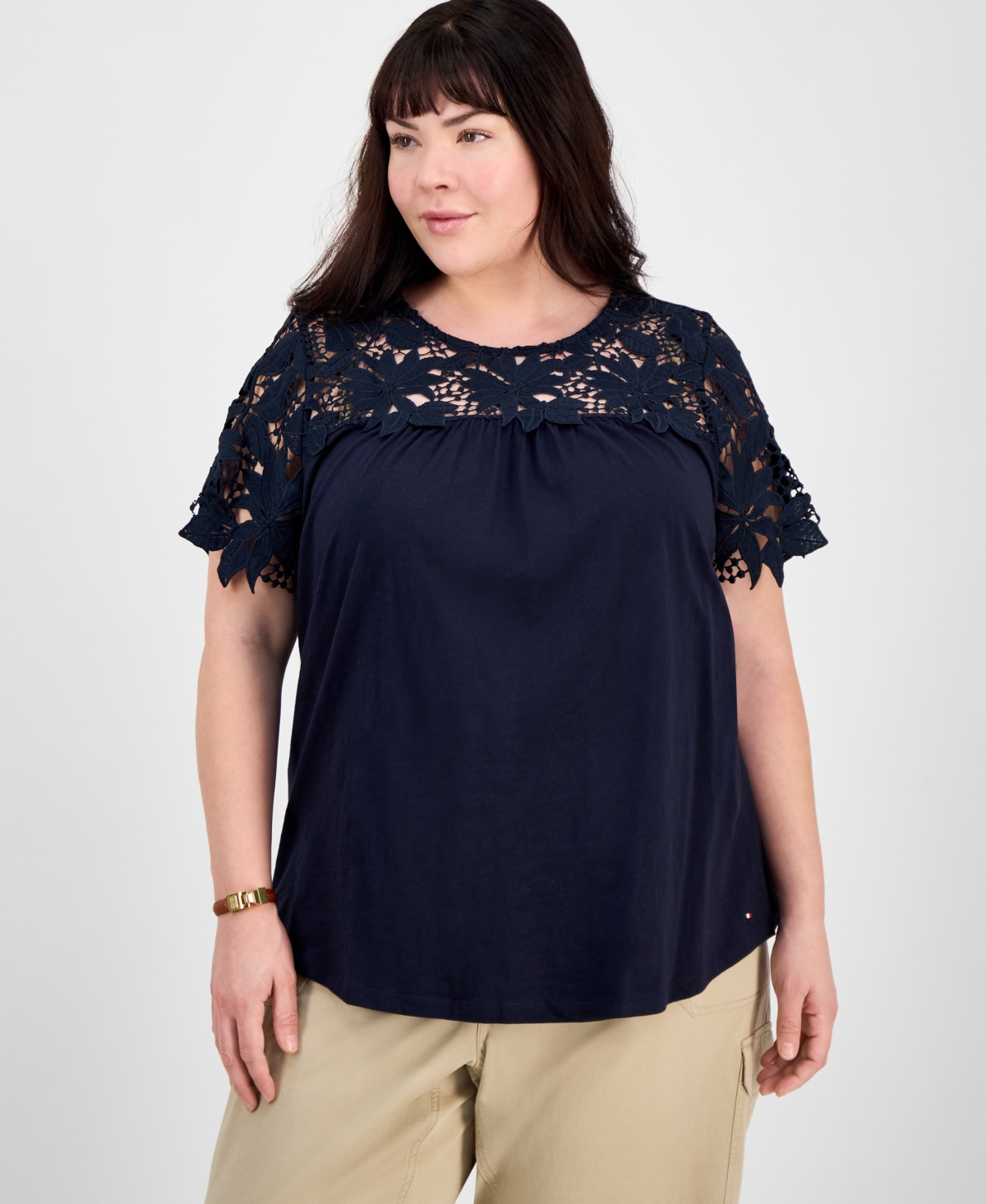 Click here for Tommy Hilfiger Plus Size Lace Yoke Short-Sleeve To... prices