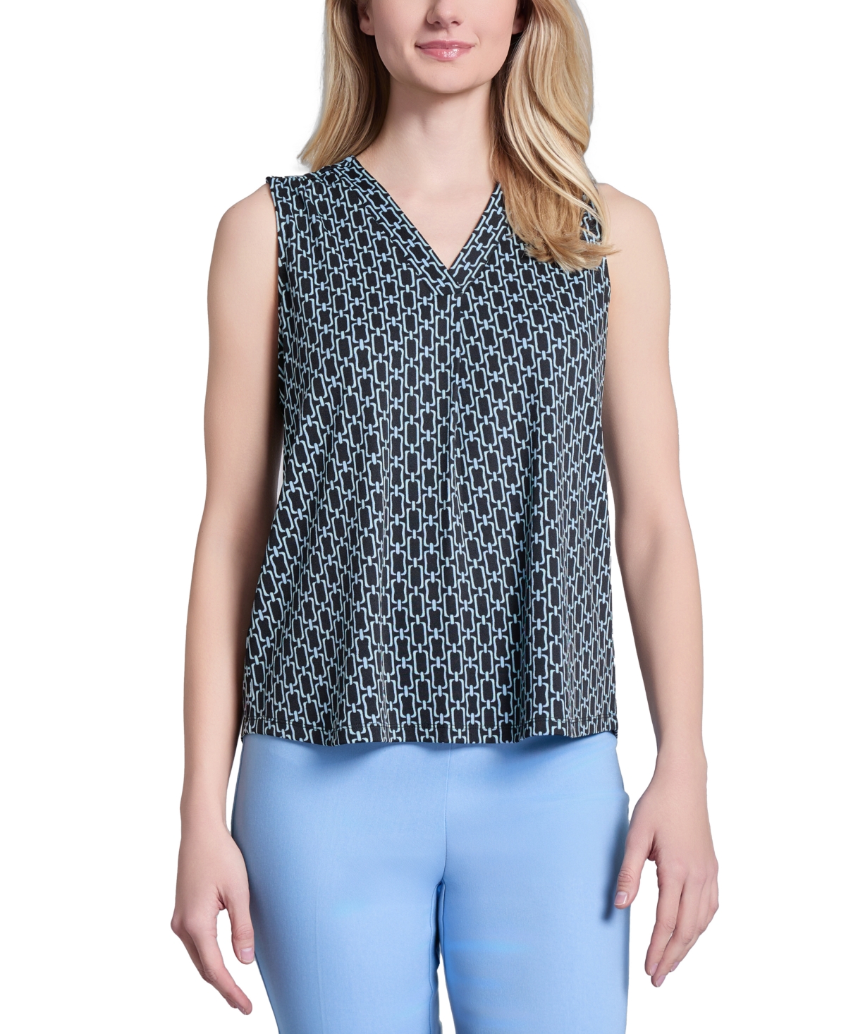Click here for Jones New York Womens Printed V-Neck Sleeveless Pl... prices