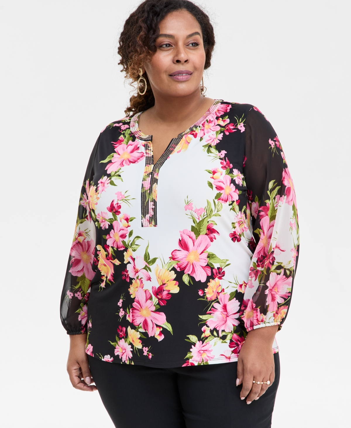 Click here for Jm Collection Plus Size Printed Embellished Top  E... prices