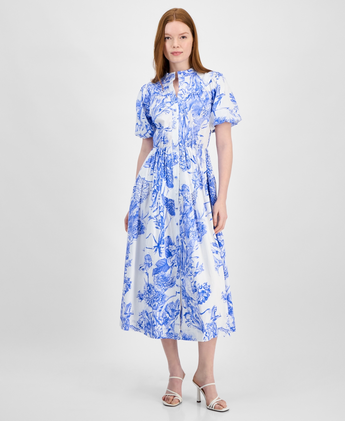 Click here for T Tahari Womens Puff-Sleeve Button-Front Midi Dres... prices