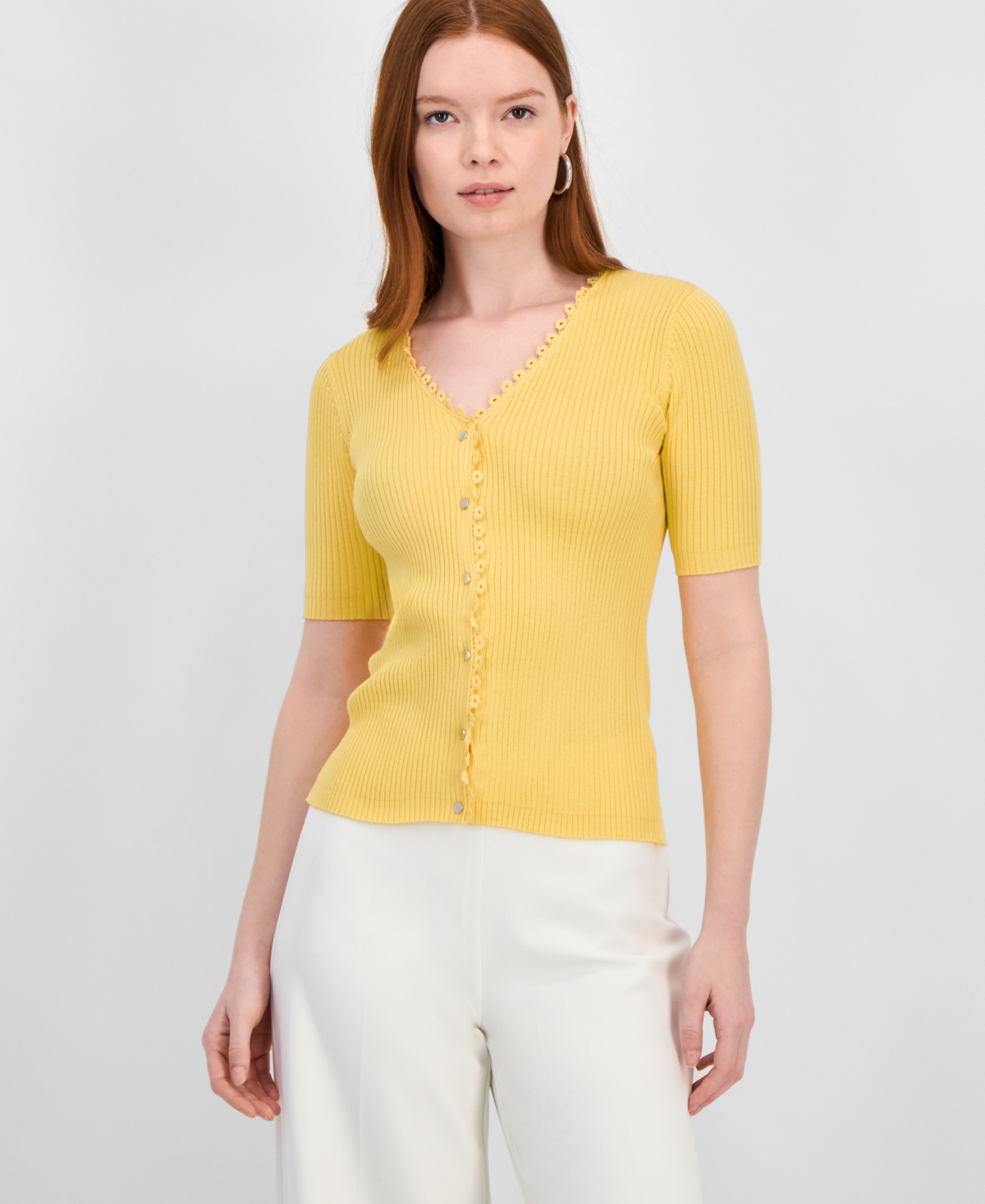 Click here for T Tahari Womens V-Neck Button-Front Ribbed-Knit To... prices