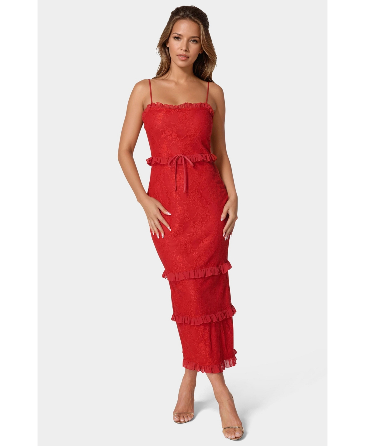 Click here for Bebe Womens Lace Maxi with Ruffle Dress - Red prices