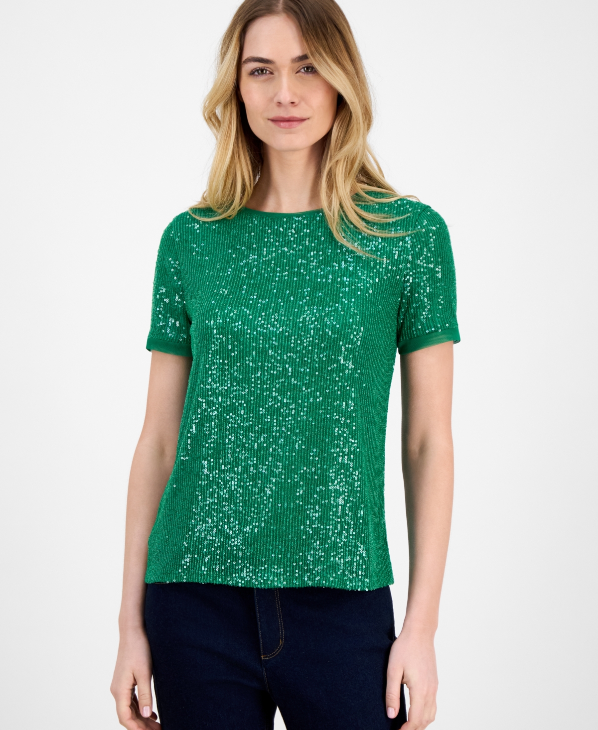 Click here for Anne Klein Womens Sequined T-Shirt - Tropical Gree... prices