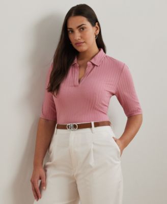 Lauren Ralph Lauren Plus Size Rib-Knit Elbow-Sleeve Polo Tee - Macy's