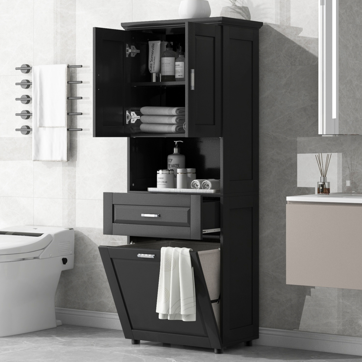 Click here for Tall Bathroom Cabinet with Laundry Basket  Large S... prices