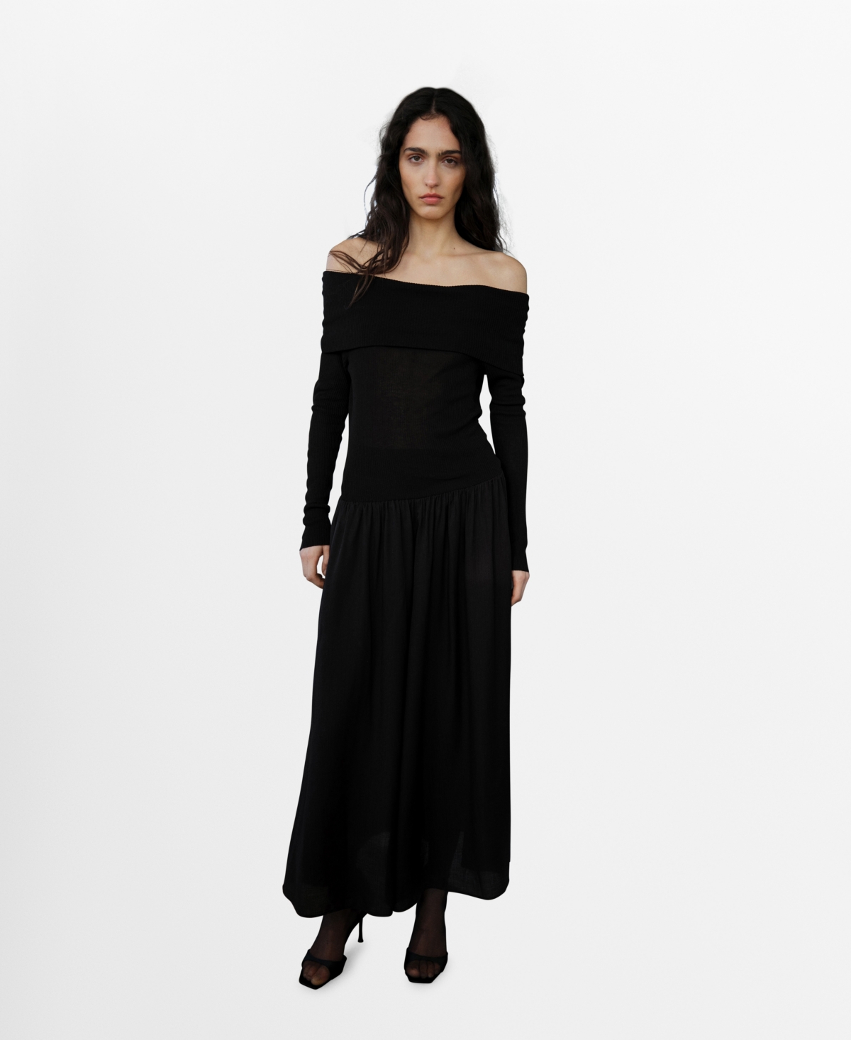 Click here for Mango Womens Off-The-Shoulder Knitted Dress - Blac... prices