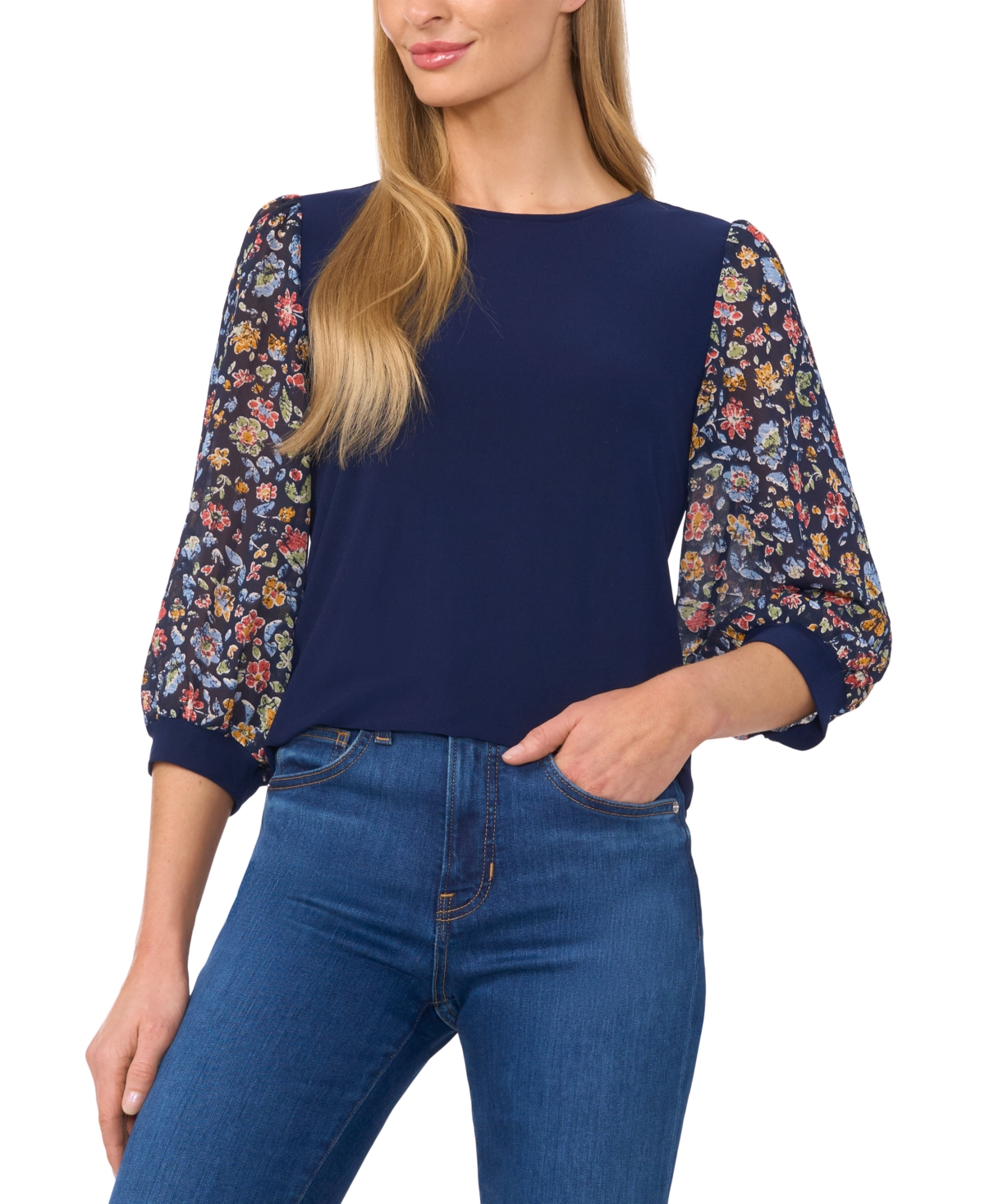 CeCe Womens Mixed-Media Floral-Sleeve Round-Neck Top - Classic Navy
