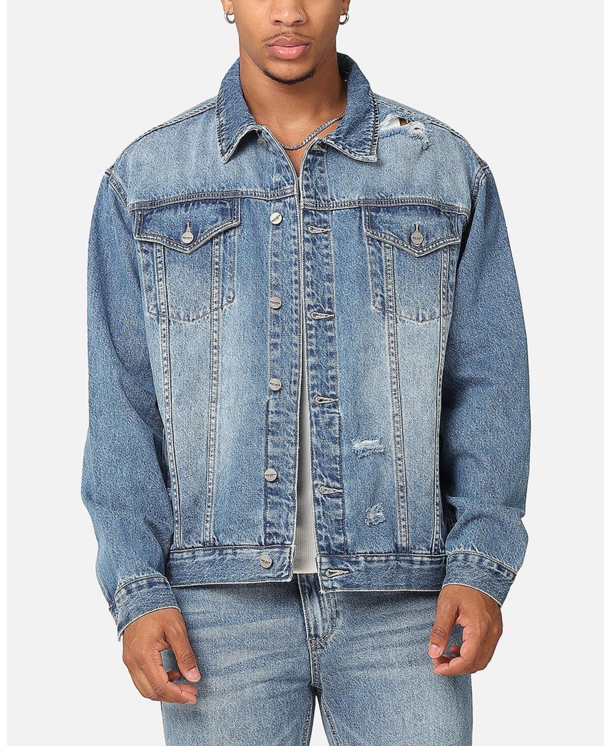 Click here for Saint Morta Mens Denim Trucker Jacket - Mid blue d... prices