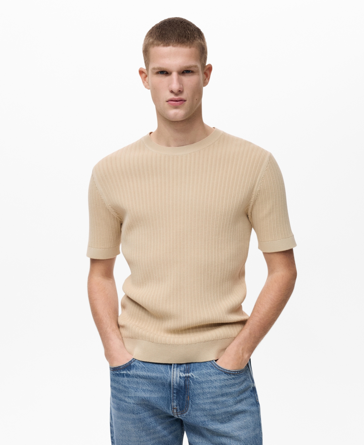 Click here for Mango Mens Braided Cotton Knitted T-Shirt - Ecru prices