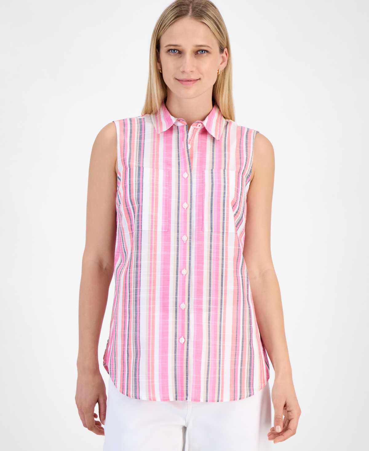 Click here for Nautica Jeans Womens Striped Sleeveless Button Shi... prices