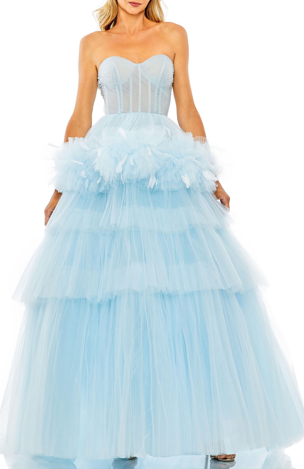 Click here for Mac Duggal Womens Strapless Tulle Gown with Feathe... prices