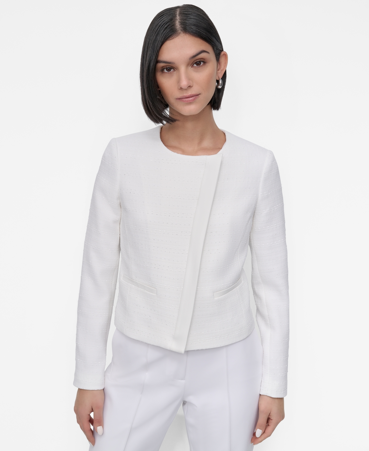 Click here for Dkny Petite Collarless Cropped Jacket - White / Wh... prices