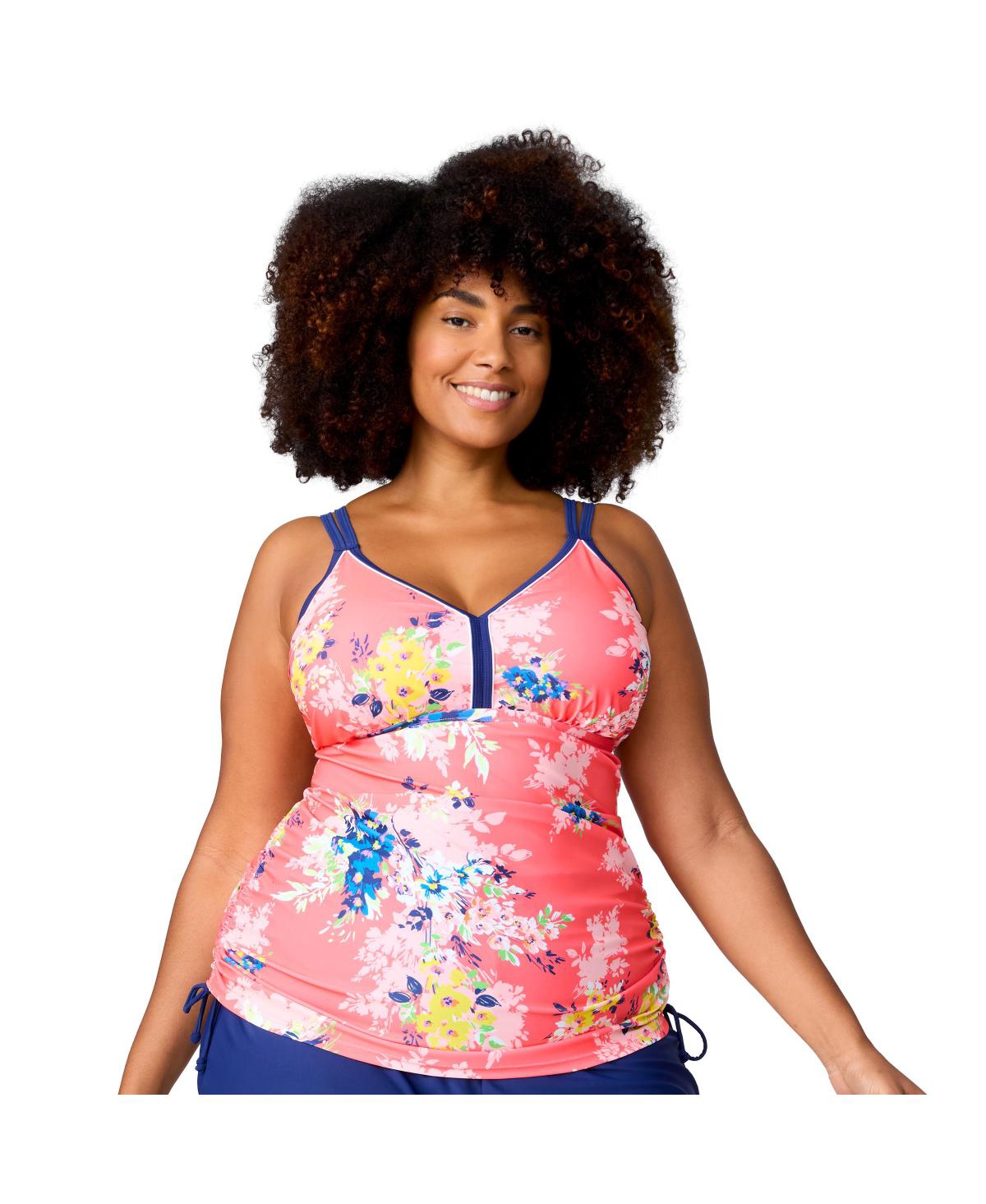 Free Country Plus Size Double Strap Tankini Top - Coral sea poolside bouquet