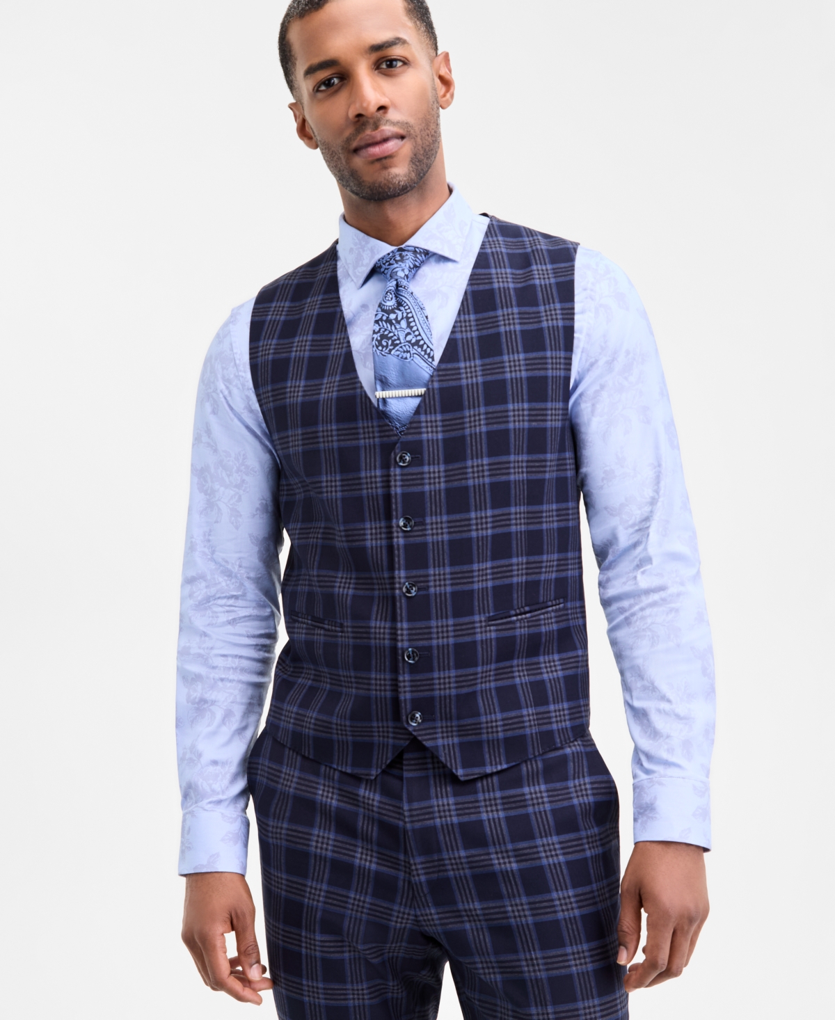 Tayion Collection Mens Classic-Fit Plaid Suit Separate Vest - Blue
