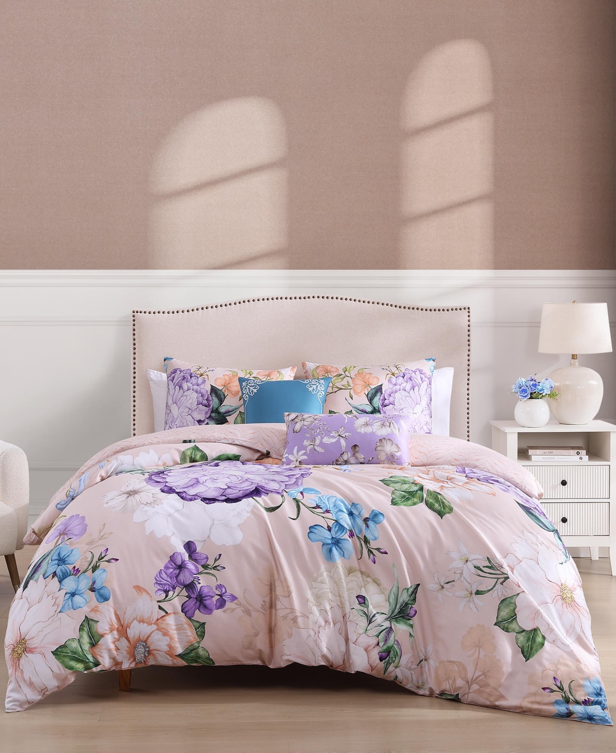 Bebejan Bright Bouquet Bedding 100 Cotton Sateen 5 Piece Queen Size Reversible Comforter Set - Pink
