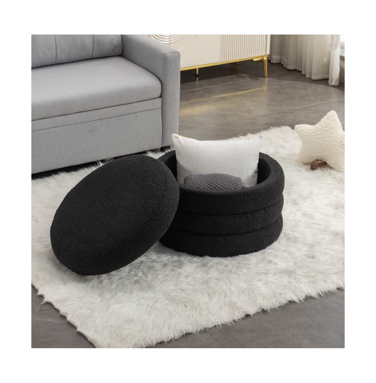 Click here for Boucle Storage Ottoman Footstool with Wooden Shelf... prices