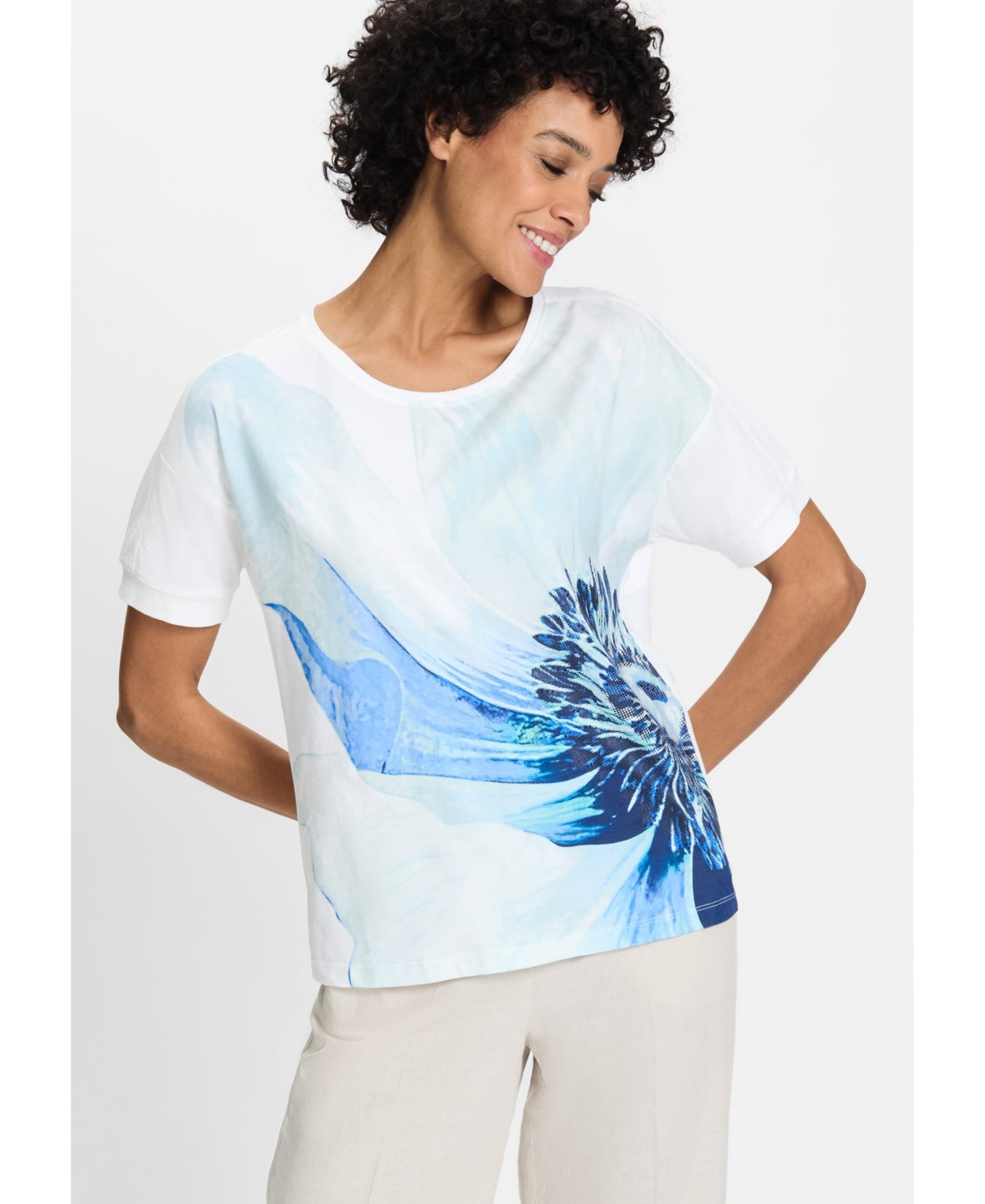 Click here for Olsen Womens Large Scale Floral Print T-Shirt - Aq... prices