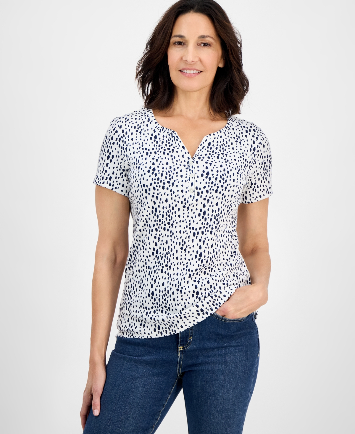 Click here for Style & Co Womens Printed Short-Sleeve Cotton Henl... prices