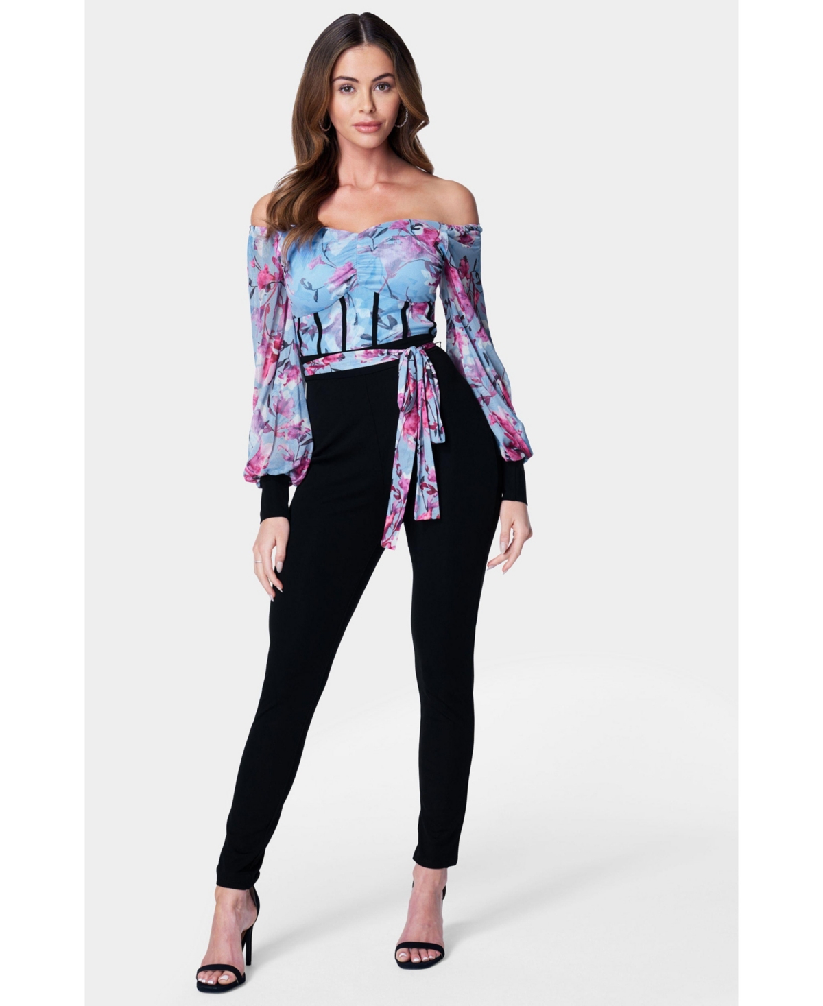 Click here for Bebe Womens Printed Mesh Off Shoulder Catsuit - Wa... prices